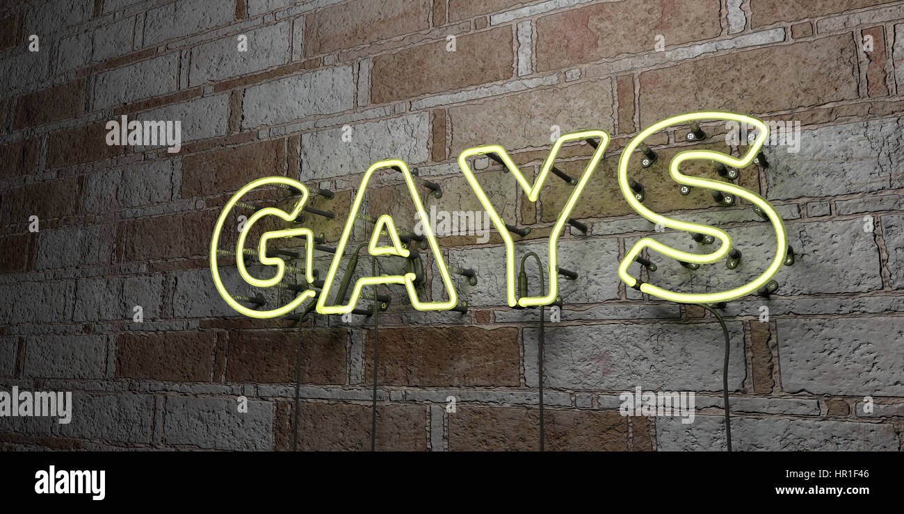 GAYS - Glowing Neon Sign on stonework wall - 3D rendered royalty free ...