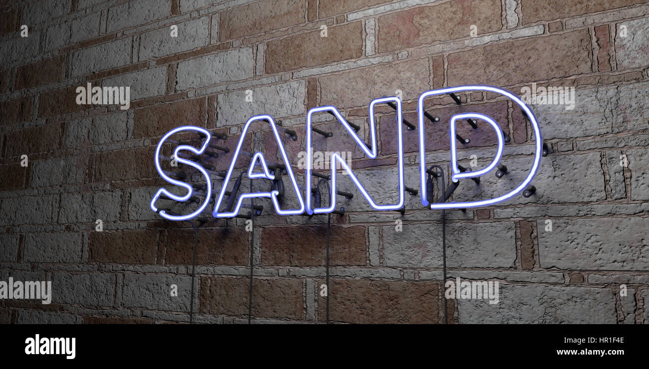 SAND - Glowing Neon Sign on stonework wall - 3D rendered royalty free ...