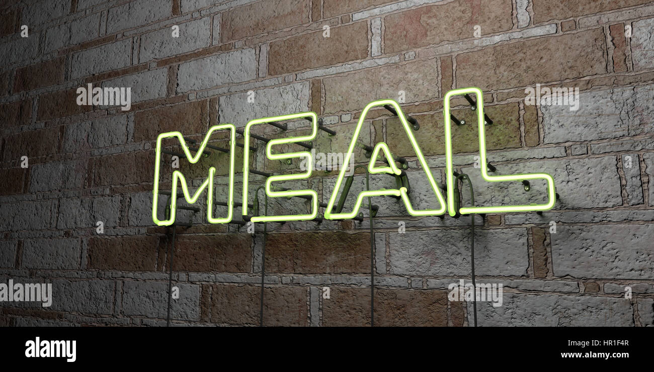 MEAL - Glowing Neon Sign on stonework wall - 3D rendered royalty free ...