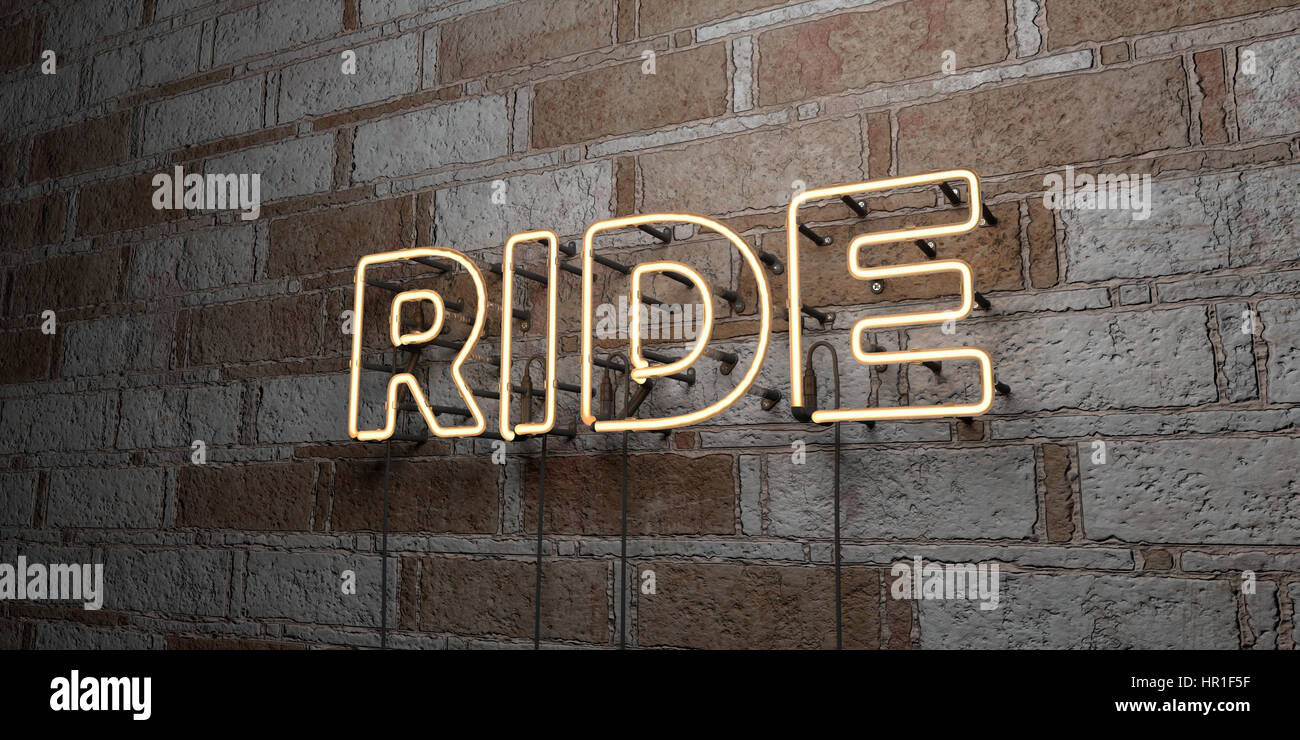 RIDE - Glowing Neon Sign on stonework wall - 3D rendered royalty free ...