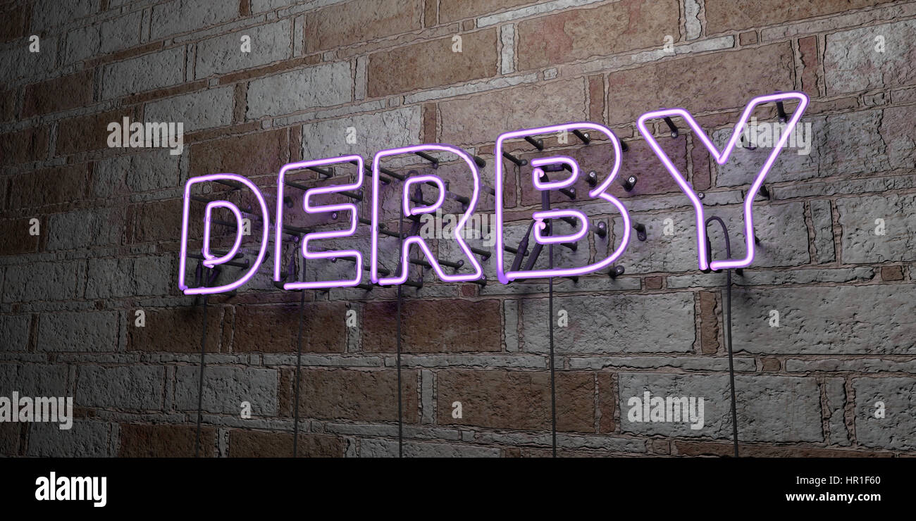 DERBY - Glowing Neon Sign on stonework wall - 3D rendered royalty free ...