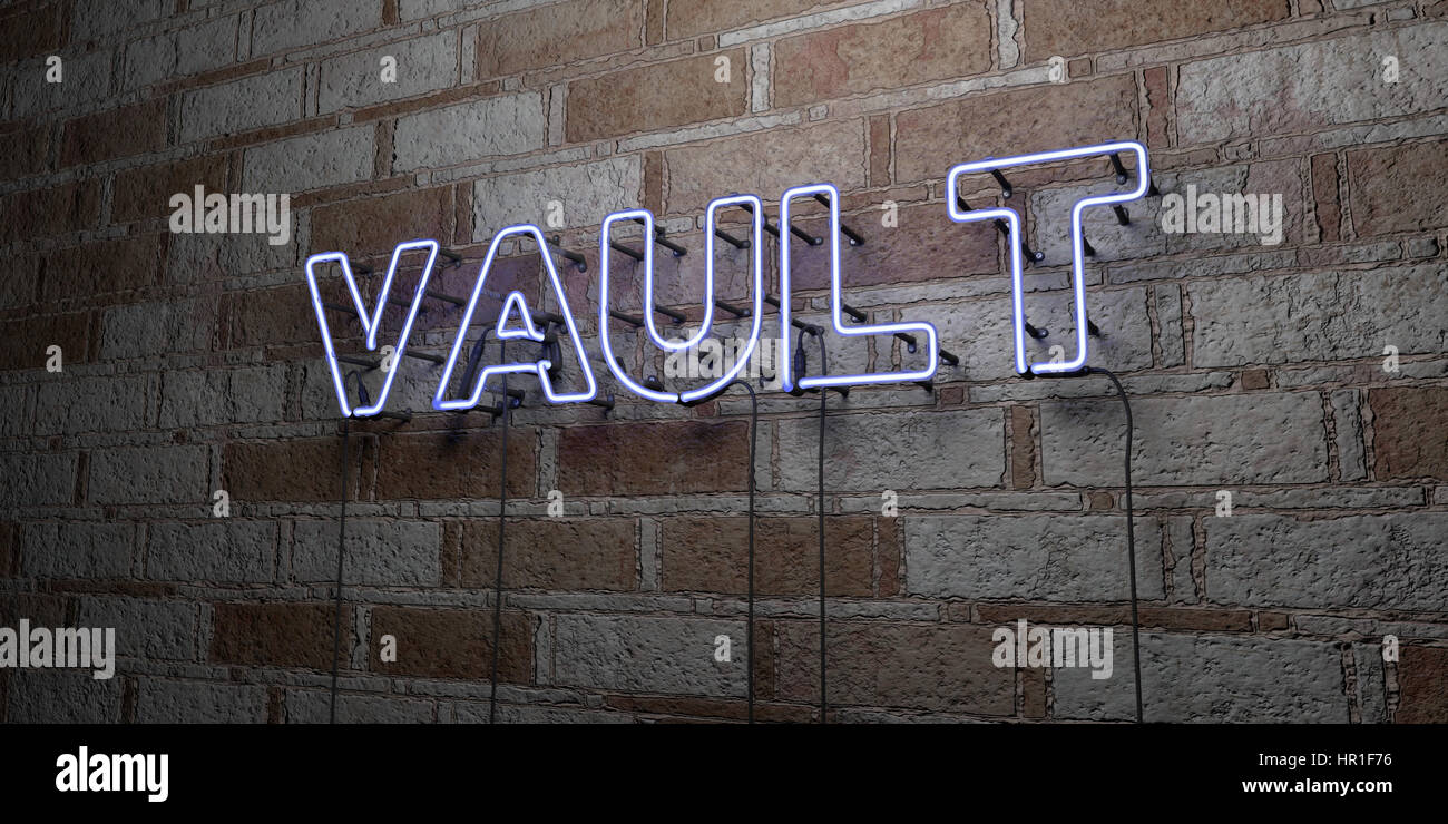 VAULT - Glowing Neon Sign on stonework wall - 3D rendered royalty free ...