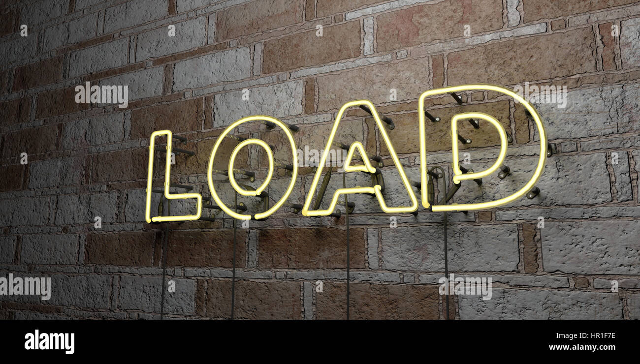 LOAD - Glowing Neon Sign on stonework wall - 3D rendered royalty free ...