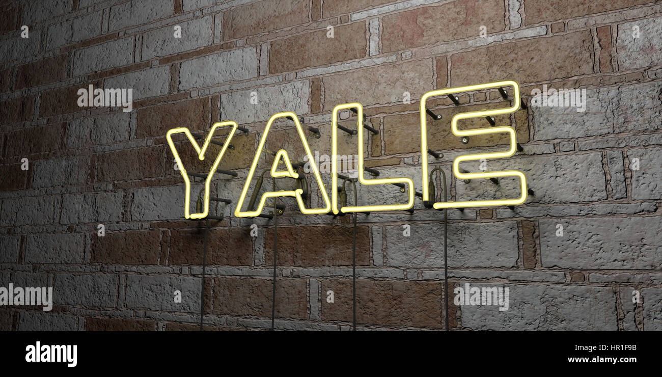 YALE - Glowing Neon Sign on stonework wall - 3D rendered royalty free ...