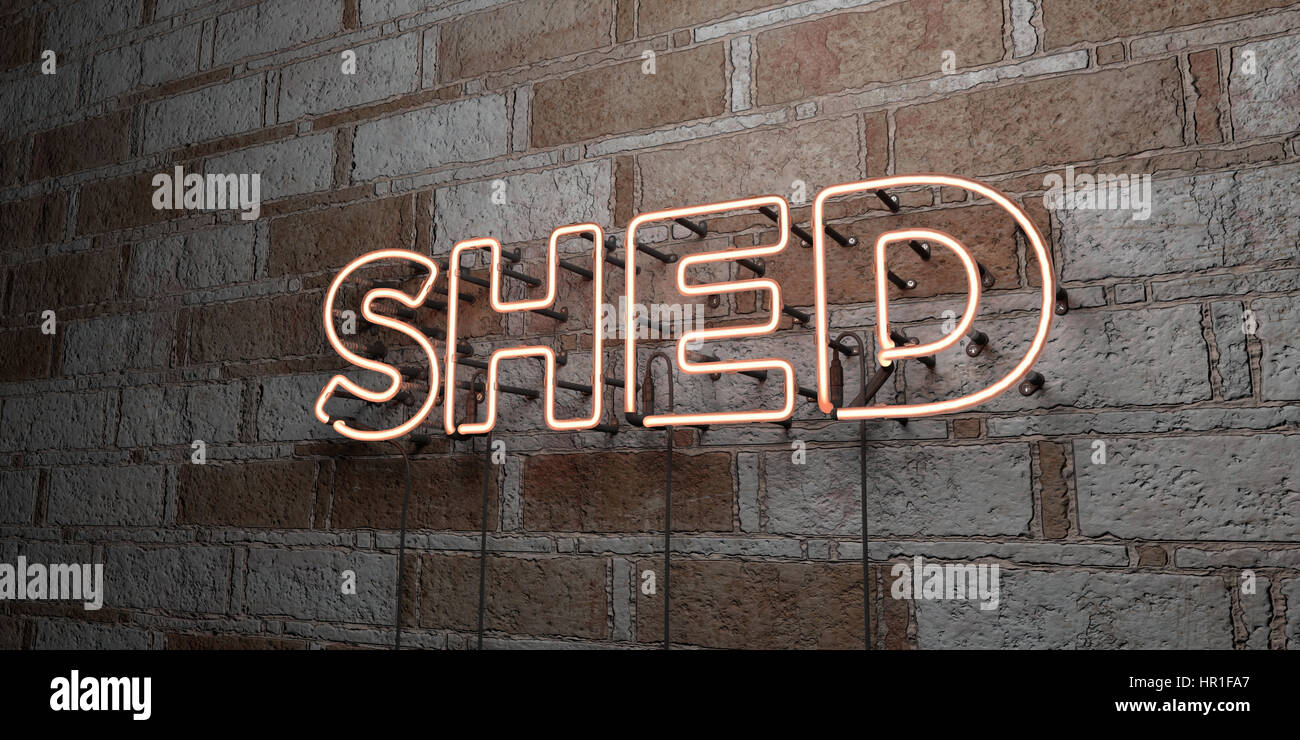 SHED - Glowing Neon Sign on stonework wall - 3D rendered royalty free ...