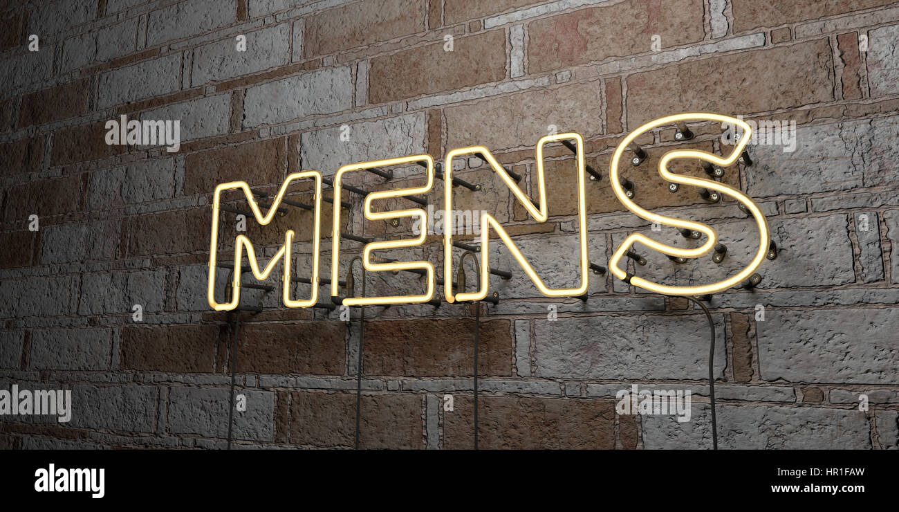 MENS - Glowing Neon Sign on stonework wall - 3D rendered royalty free ...