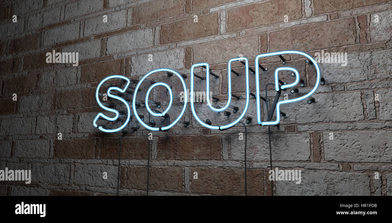 SOUP - Glowing Neon Sign on stonework wall - 3D rendered royalty free ...