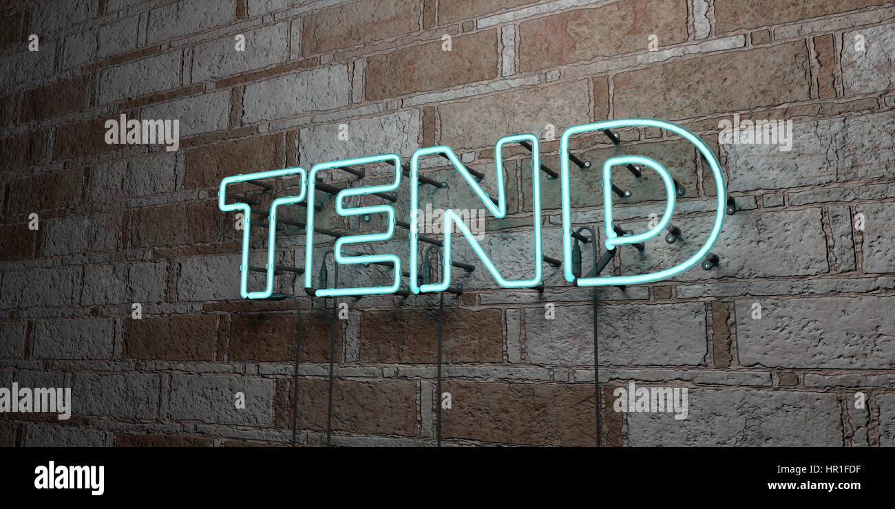 TEND - Glowing Neon Sign on stonework wall - 3D rendered royalty free ...