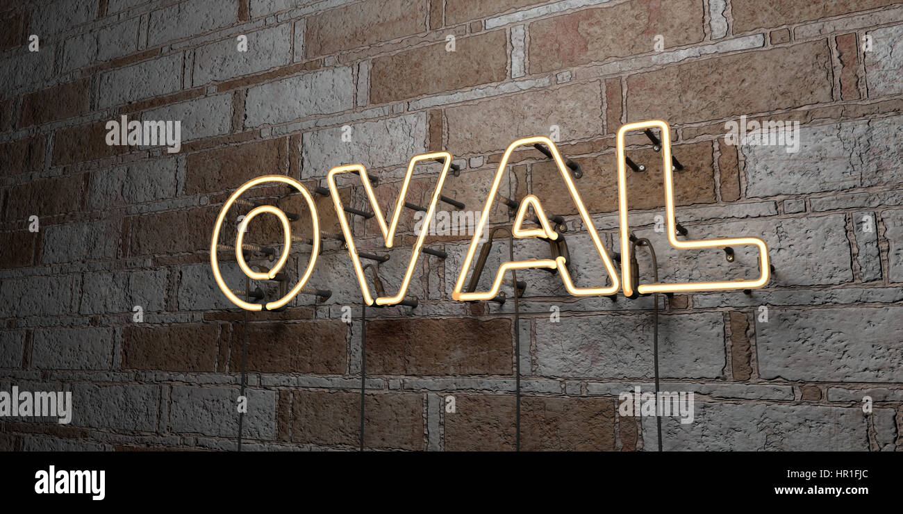 OVAL - Glowing Neon Sign on stonework wall - 3D rendered royalty free ...