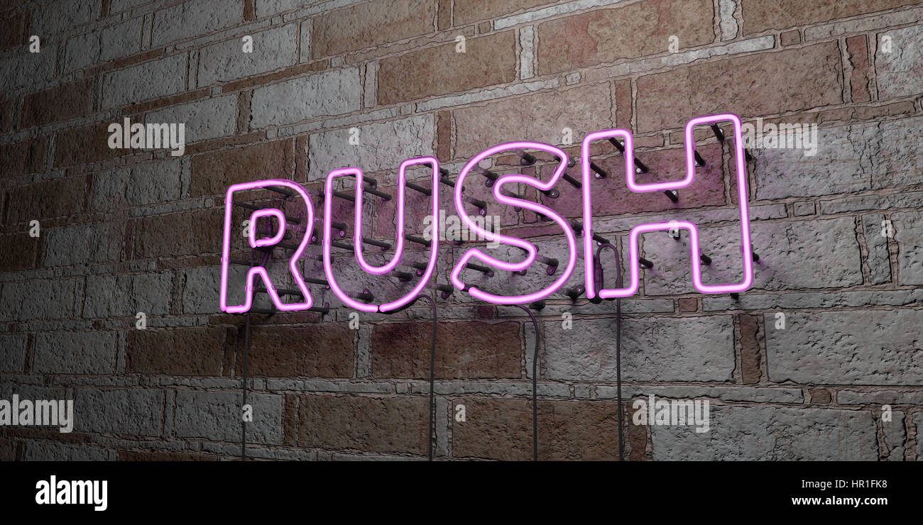 RUSH - Glowing Neon Sign on stonework wall - 3D rendered royalty free ...