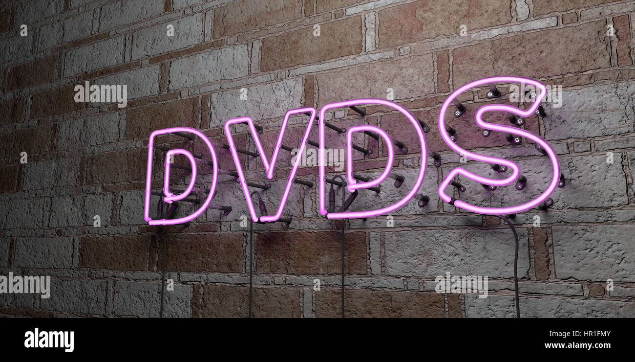 DVDS - Glowing Neon Sign on stonework wall - 3D rendered royalty free ...
