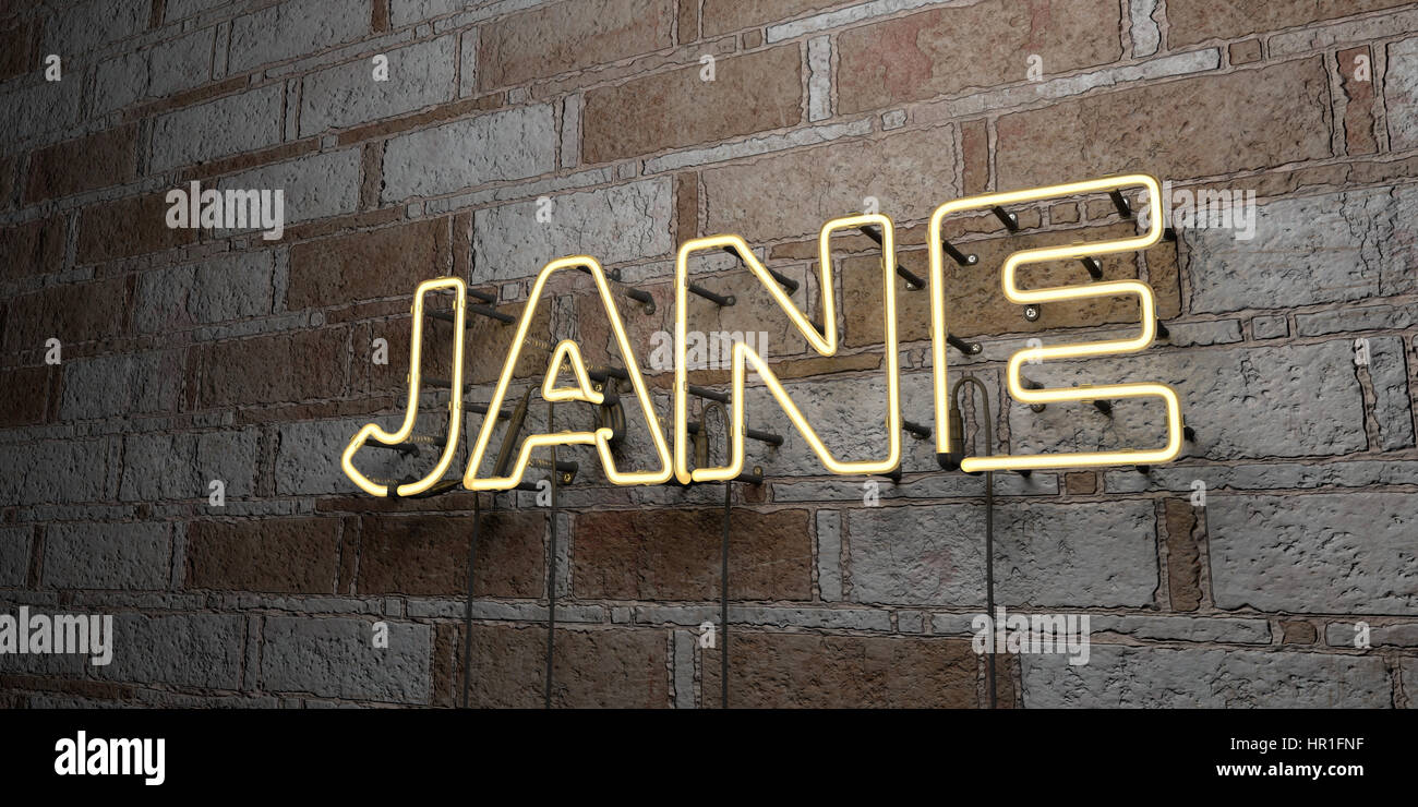 JANE - Glowing Neon Sign on stonework wall - 3D rendered royalty free ...