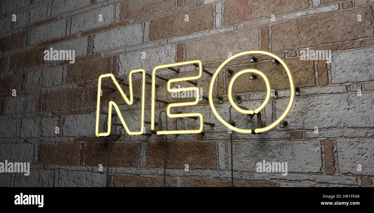NEO - Glowing Neon Sign on stonework wall - 3D rendered royalty free ...