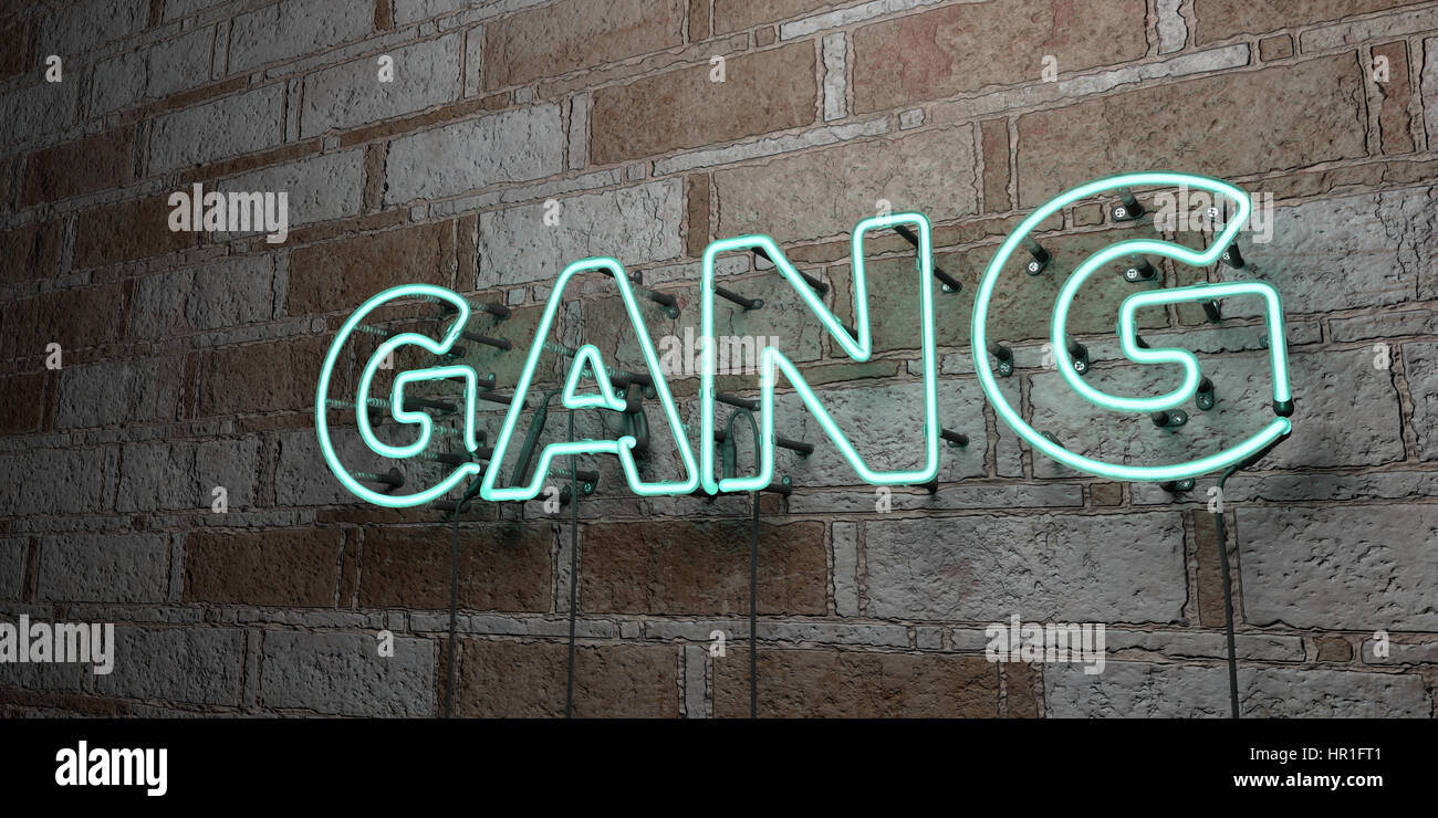 GANG - Glowing Neon Sign on stonework wall - 3D rendered royalty free ...