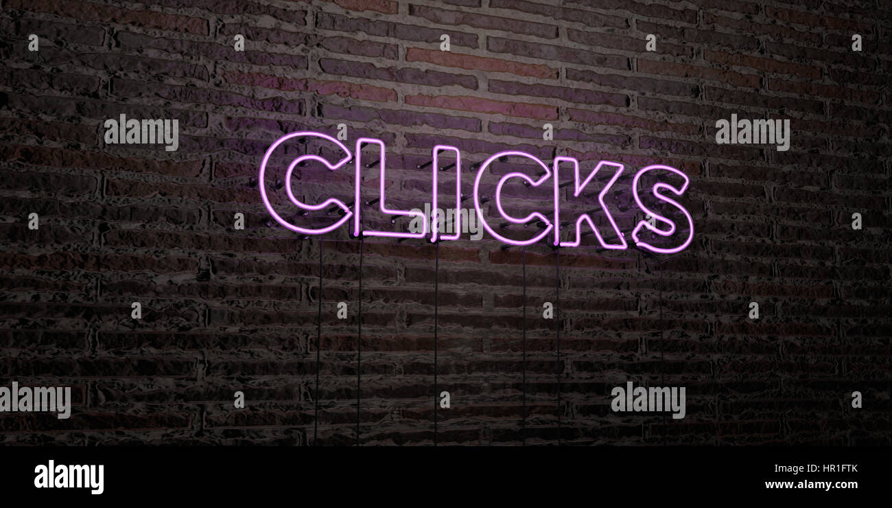 CLICKS -Realistic Neon Sign on Brick Wall background - 3D rendered ...