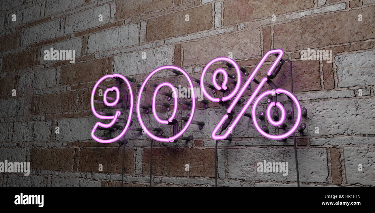 90% - Glowing Neon Sign on stonework wall - 3D rendered royalty free ...