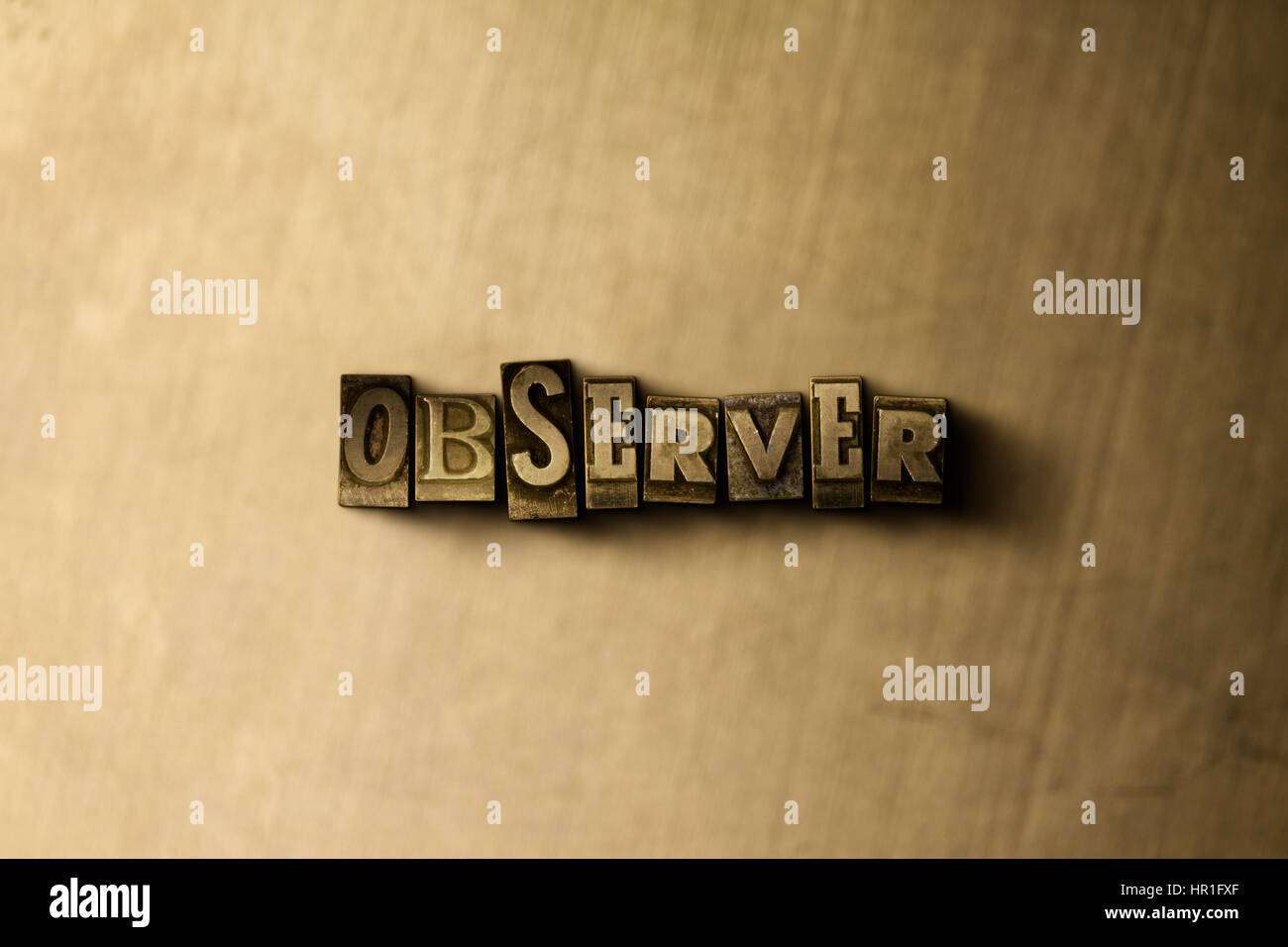 OBSERVER - close-up of grungy vintage typeset word on metal backdrop ...