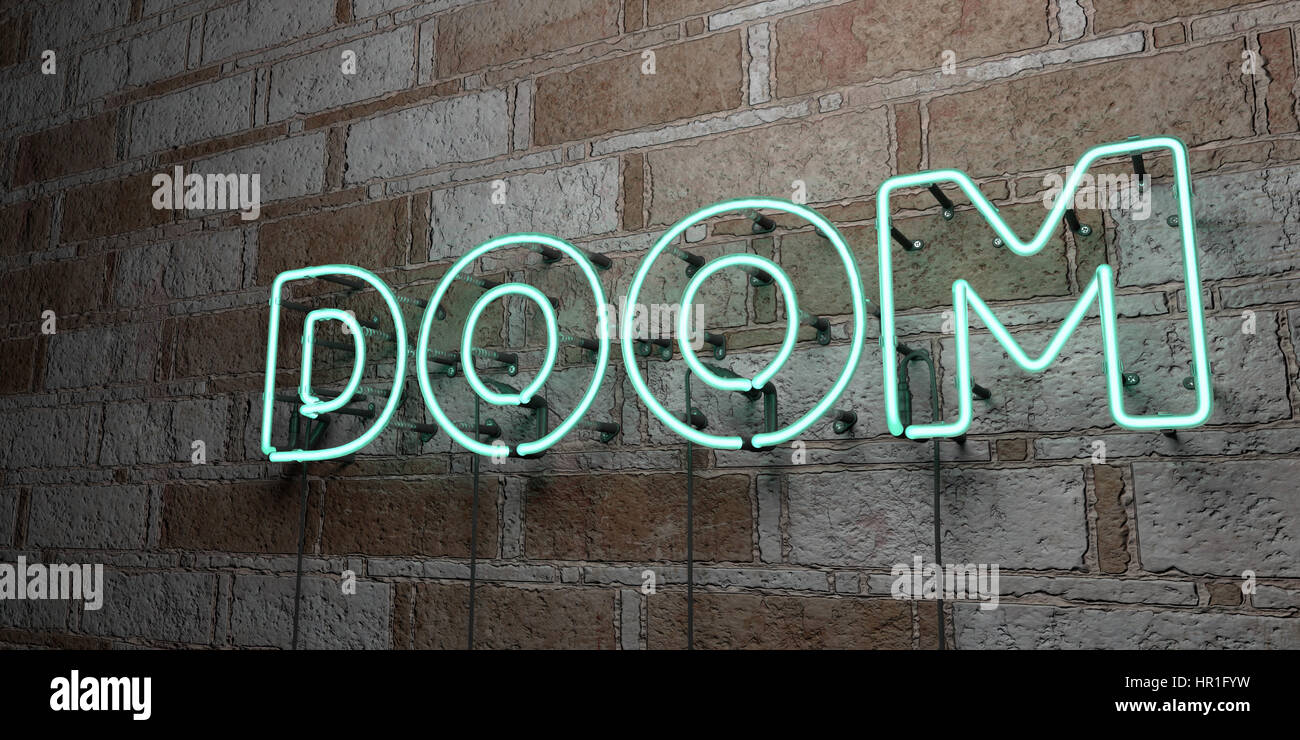 DOOM - Glowing Neon Sign on stonework wall - 3D rendered royalty free ...