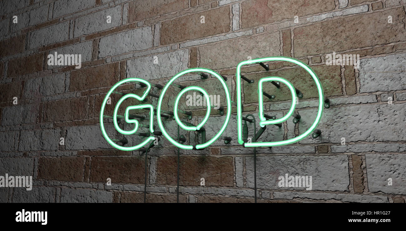 GOD - Glowing Neon Sign on stonework wall - 3D rendered royalty free ...