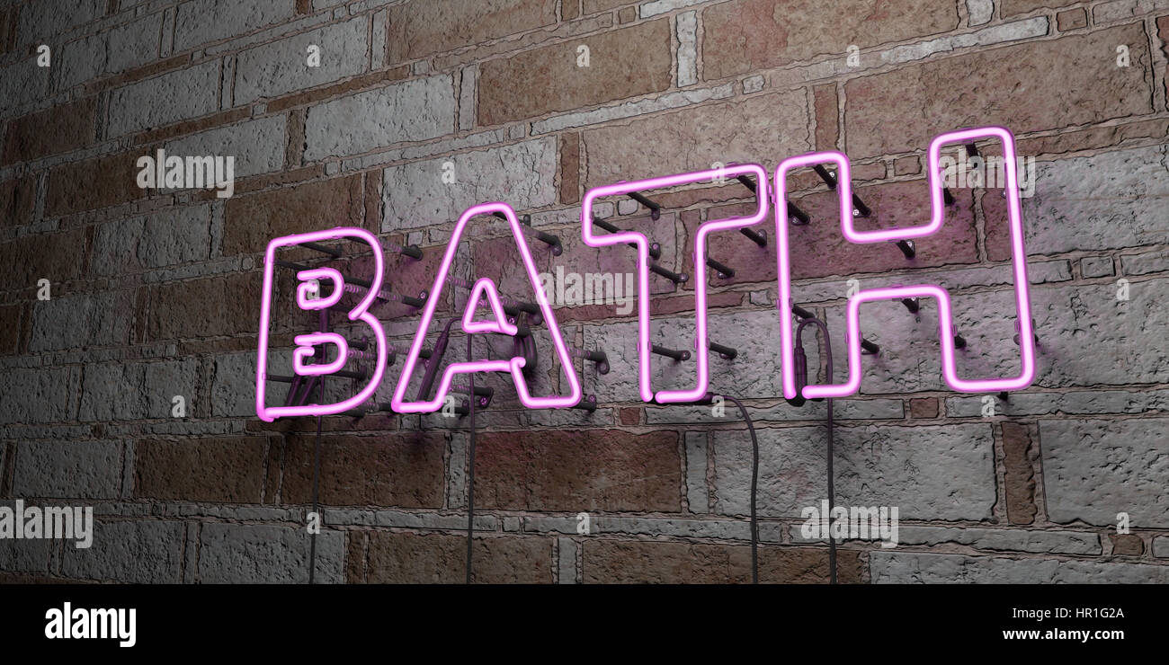 BATH - Glowing Neon Sign on stonework wall - 3D rendered royalty free ...