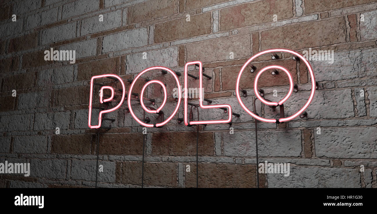 POLO - Glowing Neon Sign on stonework wall - 3D rendered royalty free ...