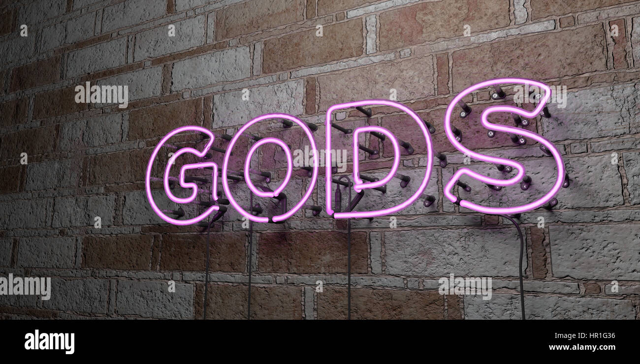 GODS - Glowing Neon Sign on stonework wall - 3D rendered royalty free ...
