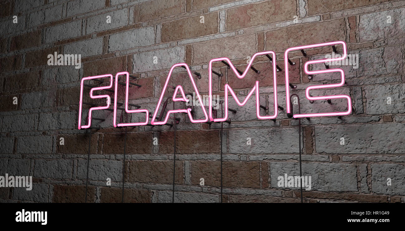 FLAME - Glowing Neon Sign on stonework wall - 3D rendered royalty free ...