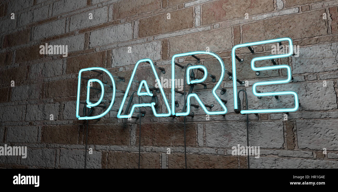 DARE - Glowing Neon Sign on stonework wall - 3D rendered royalty free ...