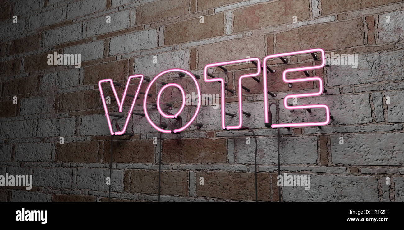 VOTE - Glowing Neon Sign on stonework wall - 3D rendered royalty free ...