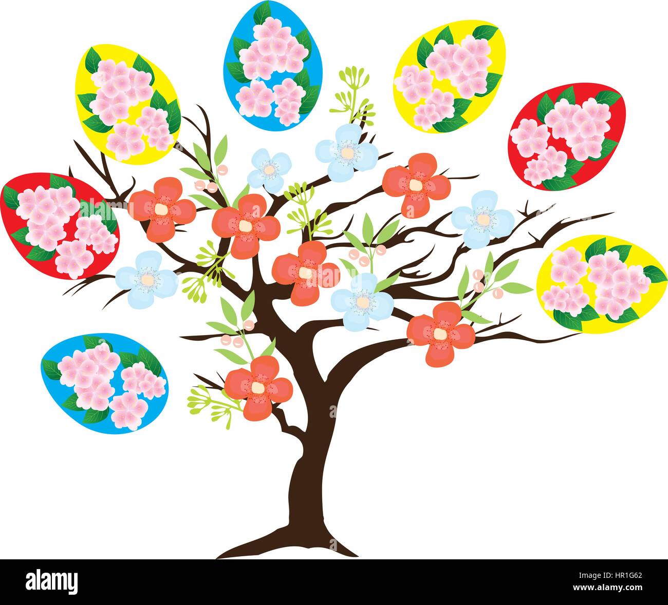 vector illustration of a colorful Easter tree with flowers and floral ...