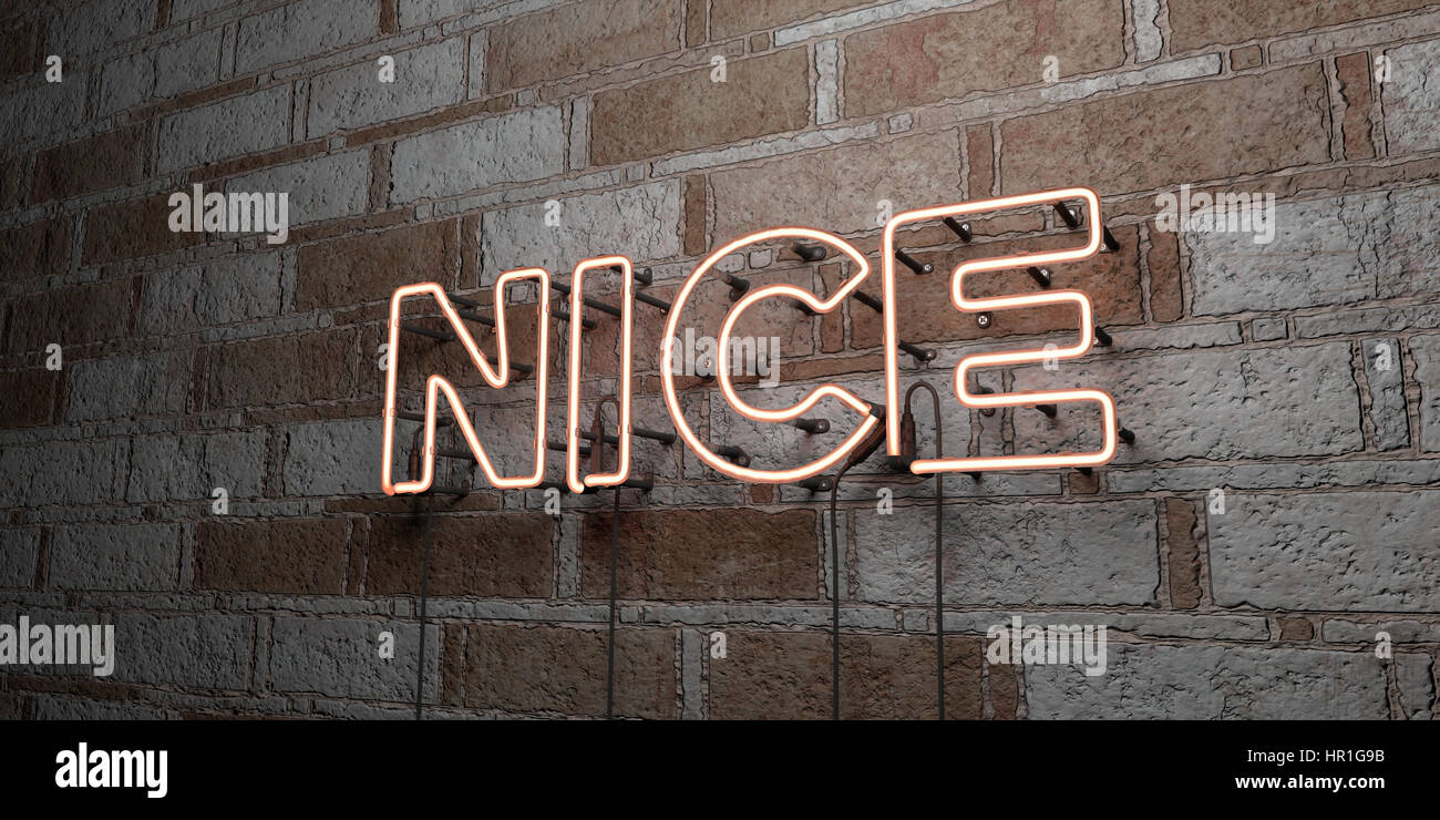 NICE - Glowing Neon Sign on stonework wall - 3D rendered royalty free ...