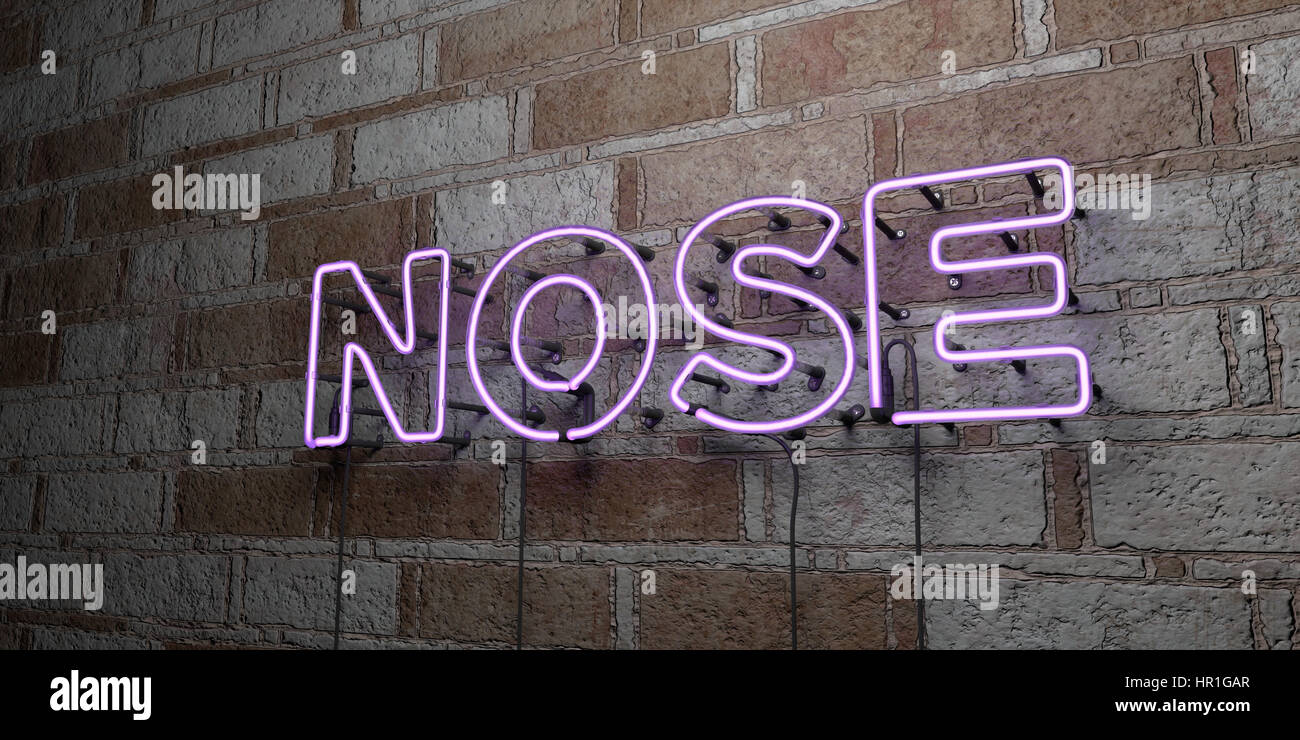 NOSE - Glowing Neon Sign on stonework wall - 3D rendered royalty free ...
