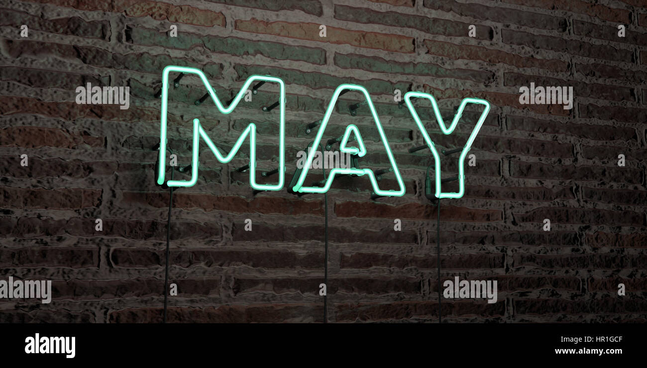 MAY -Realistic Neon Sign on Brick Wall background - 3D rendered royalty ...