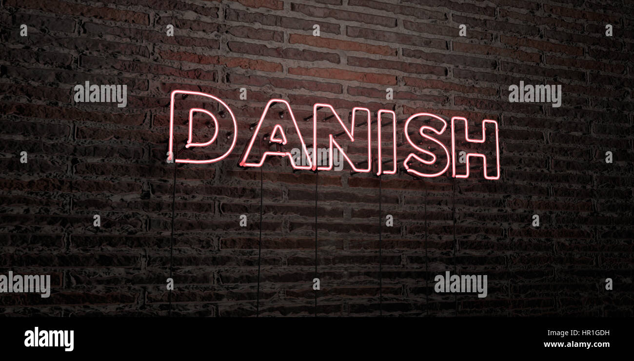 DANISH -Realistic Neon Sign on Brick Wall background - 3D rendered ...