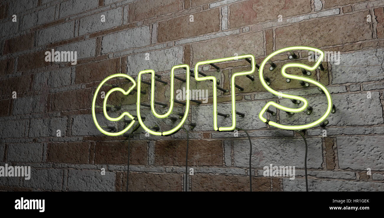 CUTS - Glowing Neon Sign on stonework wall - 3D rendered royalty free ...