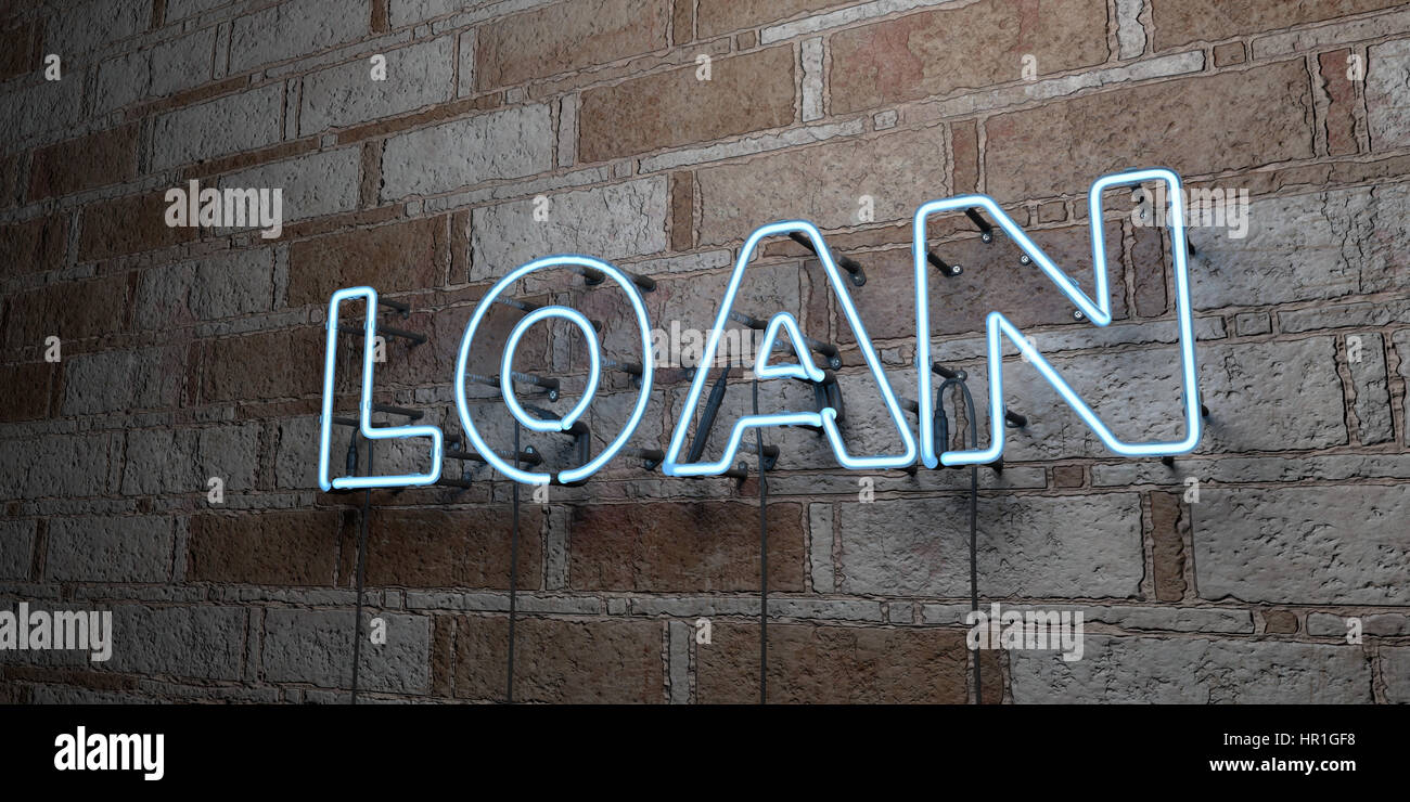 LOAN - Glowing Neon Sign on stonework wall - 3D rendered royalty free ...