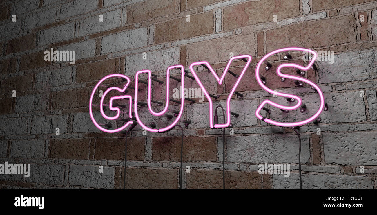 GUYS - Glowing Neon Sign on stonework wall - 3D rendered royalty free ...