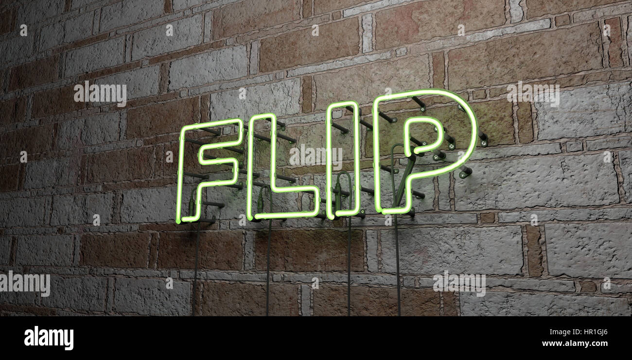 FLIP - Glowing Neon Sign on stonework wall - 3D rendered royalty free ...