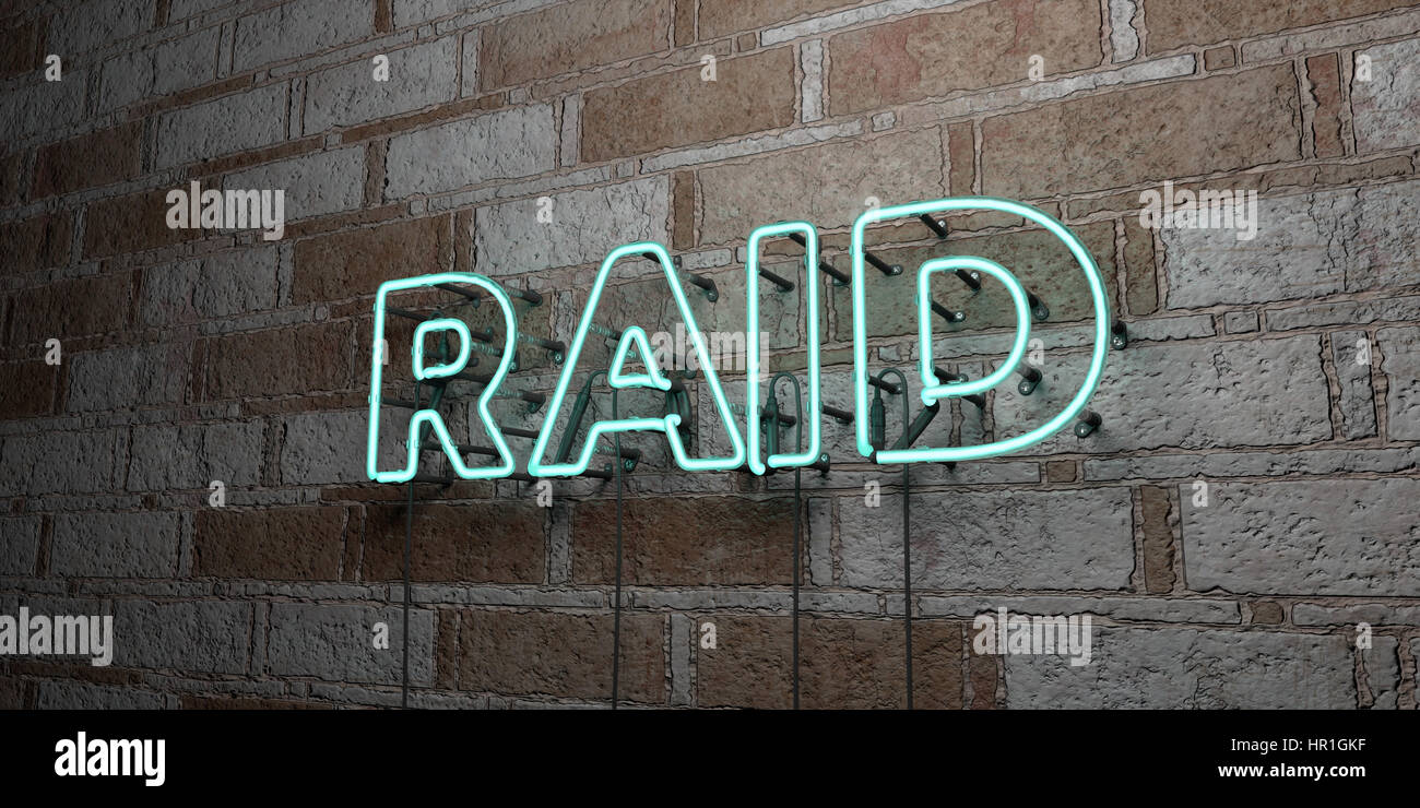 RAID - Glowing Neon Sign on stonework wall - 3D rendered royalty free ...