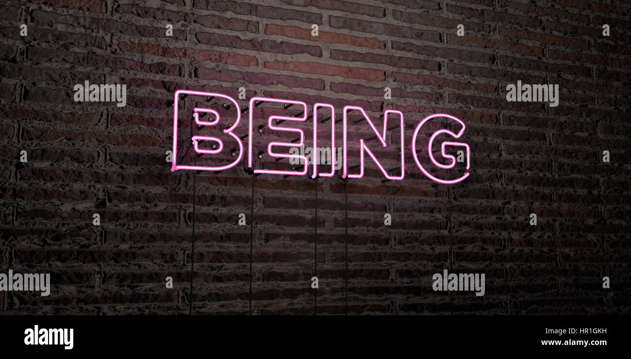 BEING -Realistic Neon Sign on Brick Wall background - 3D rendered ...