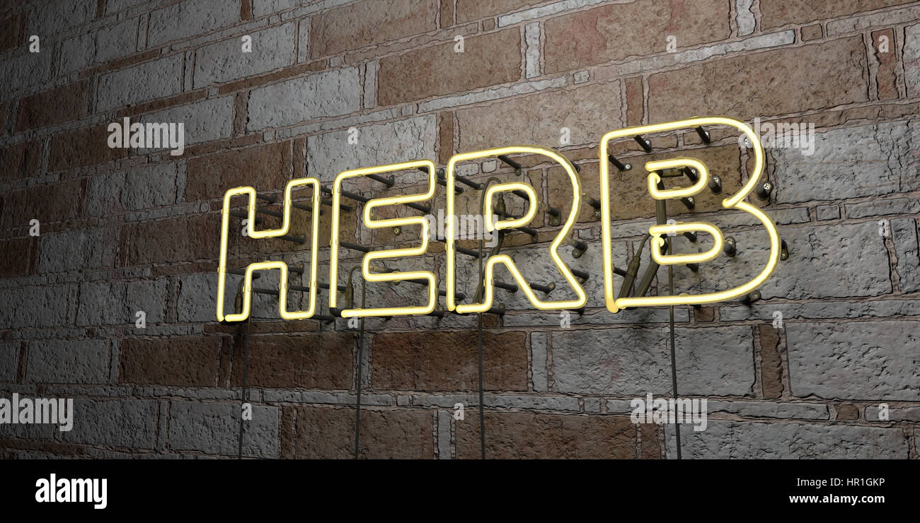 HERB - Glowing Neon Sign on stonework wall - 3D rendered royalty free ...