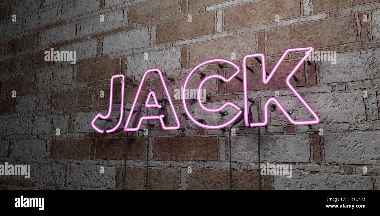 JACK - Glowing Neon Sign on stonework wall - 3D rendered royalty free ...