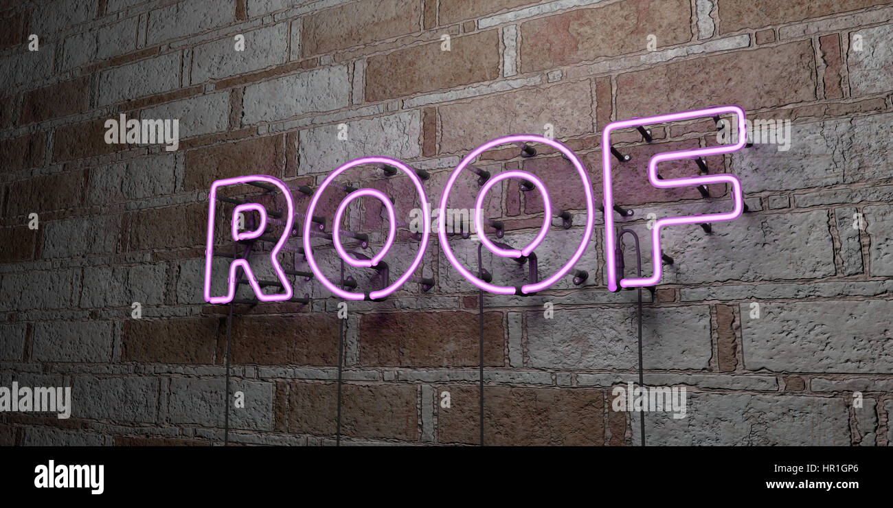 ROOF - Glowing Neon Sign on stonework wall - 3D rendered royalty free ...