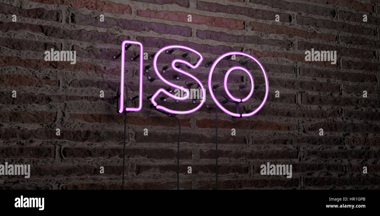ISO -Realistic Neon Sign on Brick Wall background - 3D rendered royalty ...