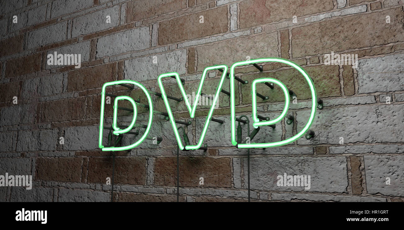 DVD - Glowing Neon Sign on stonework wall - 3D rendered royalty free ...