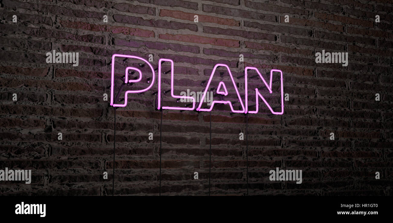 PLAN -Realistic Neon Sign on Brick Wall background - 3D rendered ...