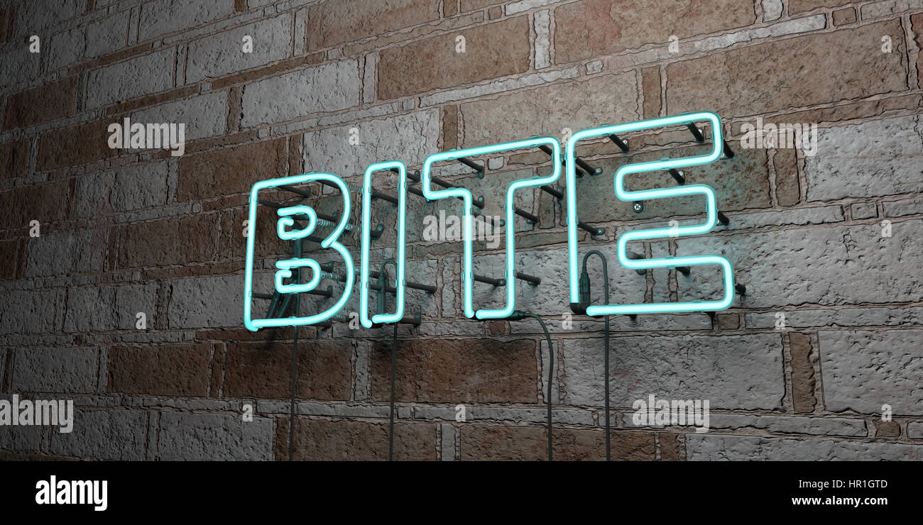 BITE - Glowing Neon Sign on stonework wall - 3D rendered royalty free ...