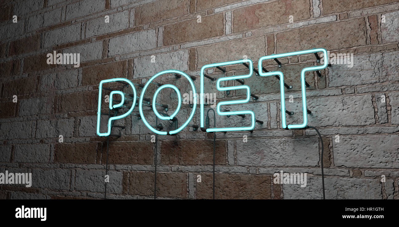 POET - Glowing Neon Sign on stonework wall - 3D rendered royalty free ...