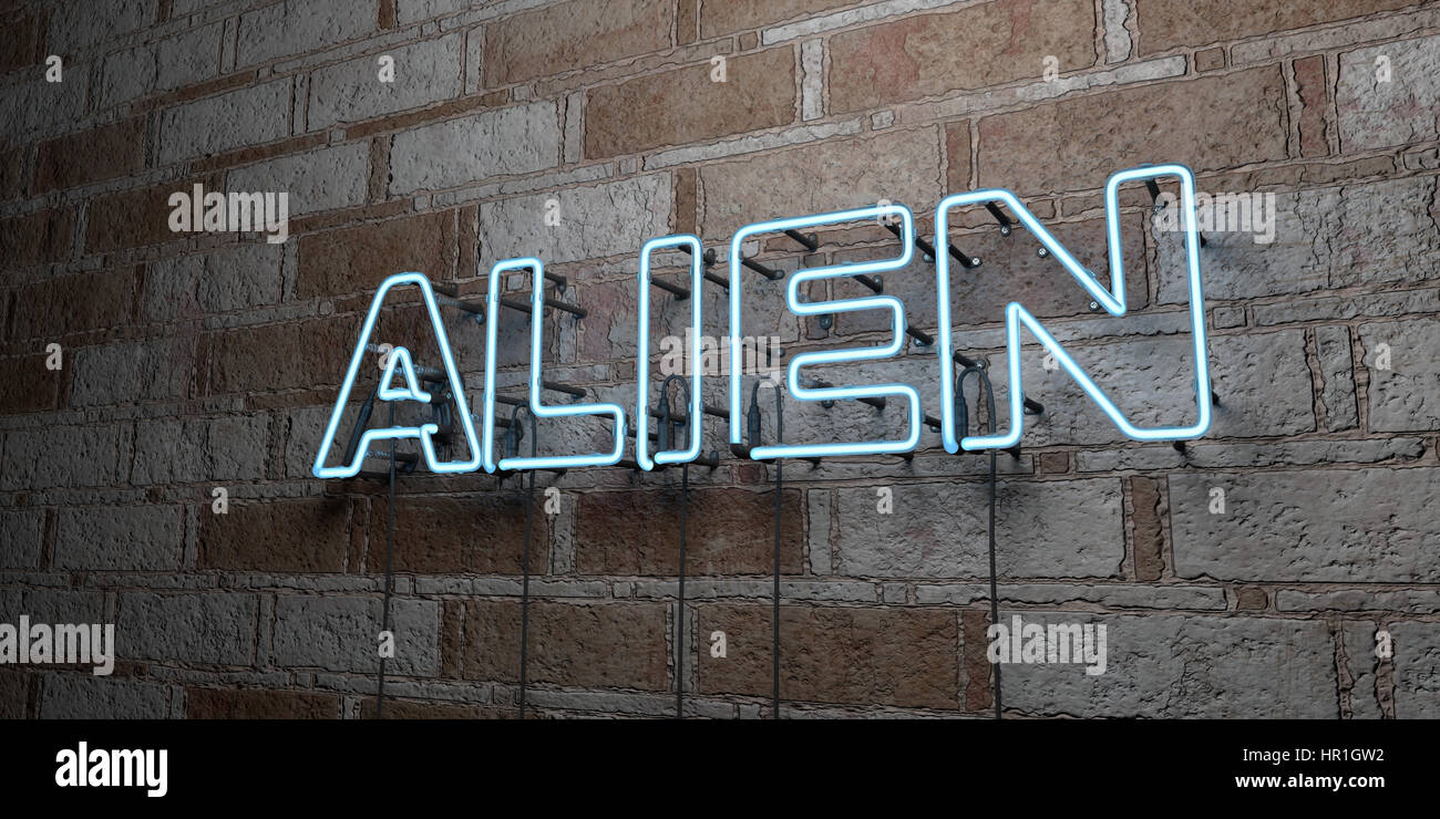 ALIEN - Glowing Neon Sign on stonework wall - 3D rendered royalty free ...