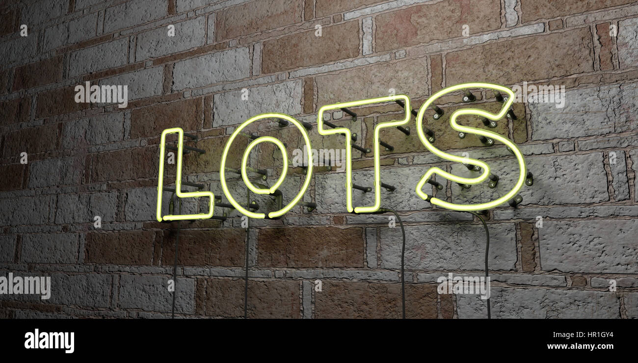 LOTS - Glowing Neon Sign on stonework wall - 3D rendered royalty free ...